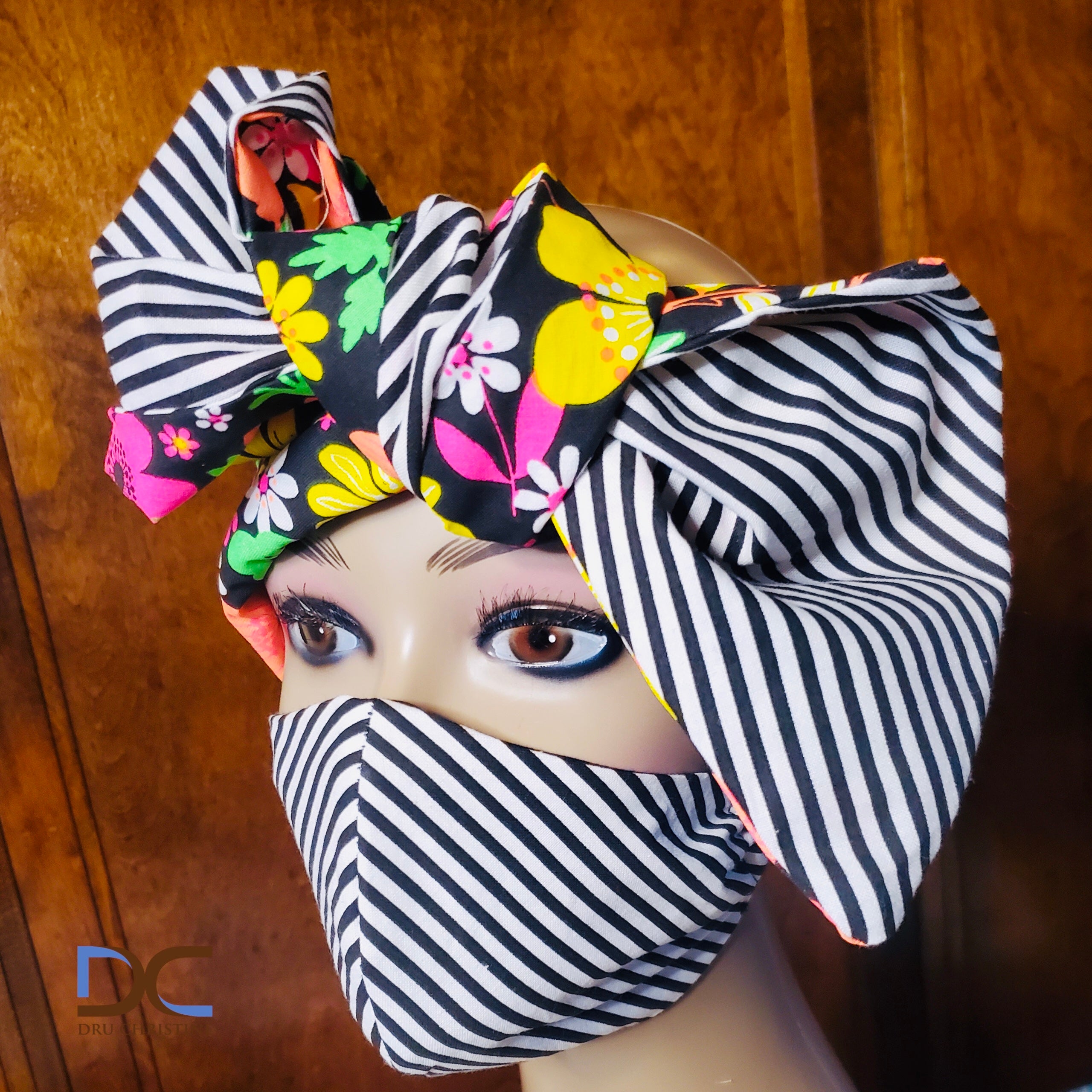 Neon Floral + Stripe Headscarf & Mask Sets | Dru Christine Fabrics & Design
